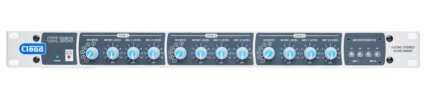 Cloud CX263 3 Zone Mixer 6 line level inputs and 2 mic inputs with remote wall plate options